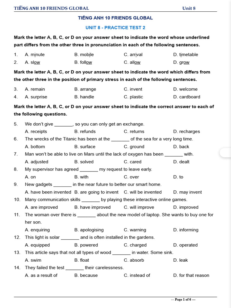 English 10 Unit 8 Practice Test | PDF | Telephone