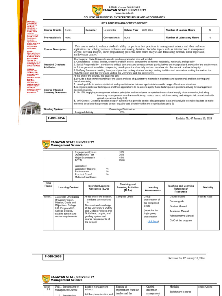 Management Science Course Syllabus | PDF | Forecasting | Learning