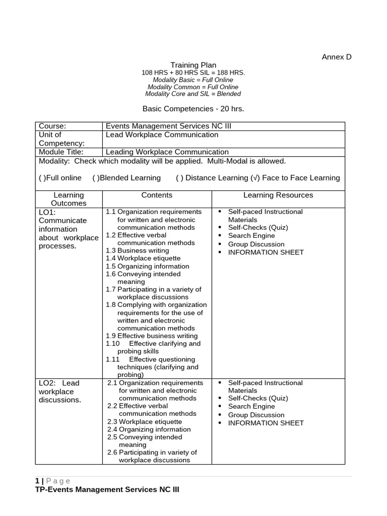 Training Plan Events Management Services NC III | PDF | Occupational ...