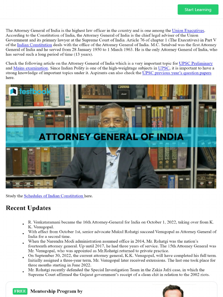 Attorney General of India (Article 76 of Indian Constitution) | PDF