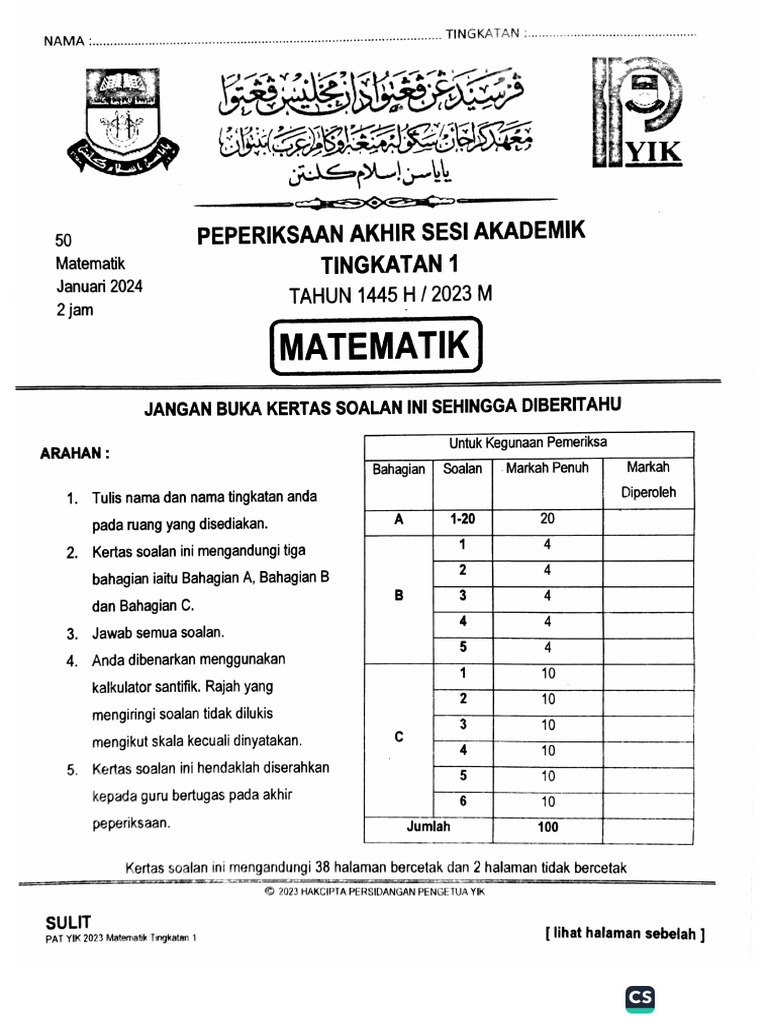 Matematik Ting 1 Uasa 2023 Pdf