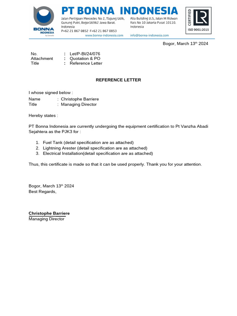 Reference Letter for Equipment Certification | PDF