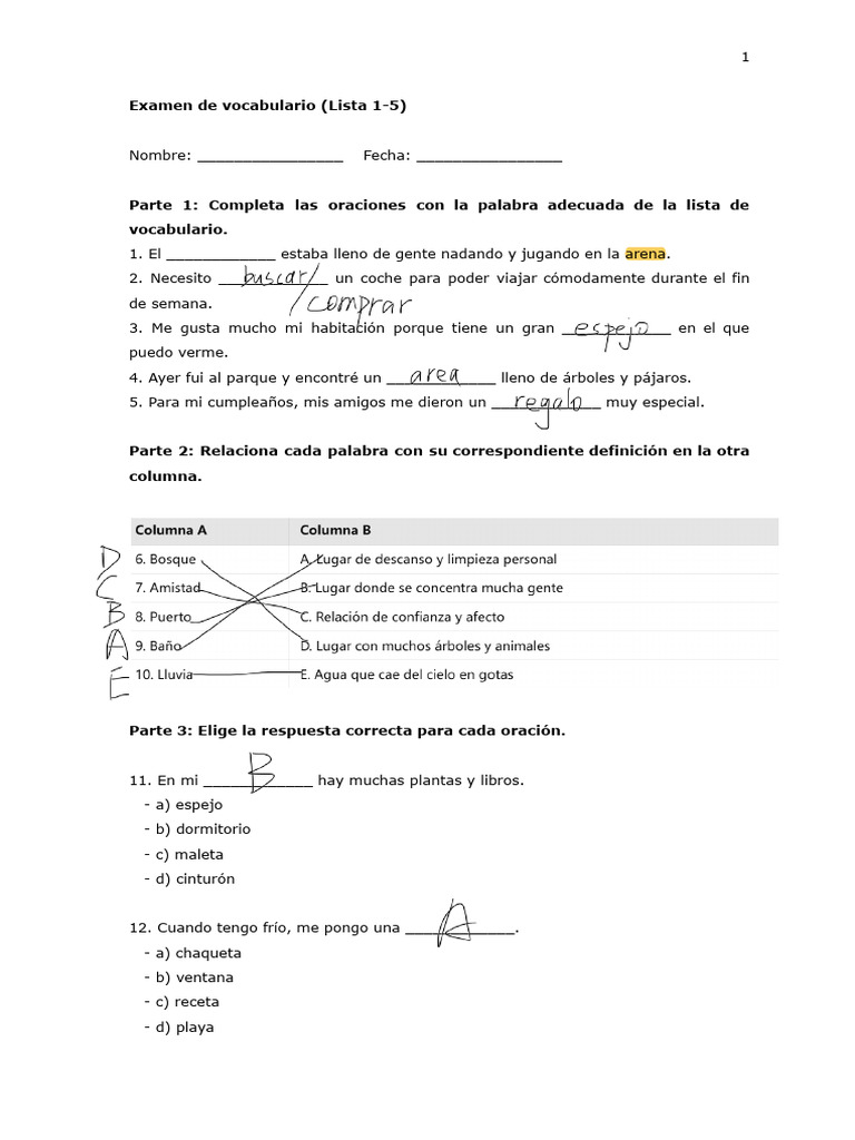 Examen de Vocabulario (Lista 1-5) | PDF