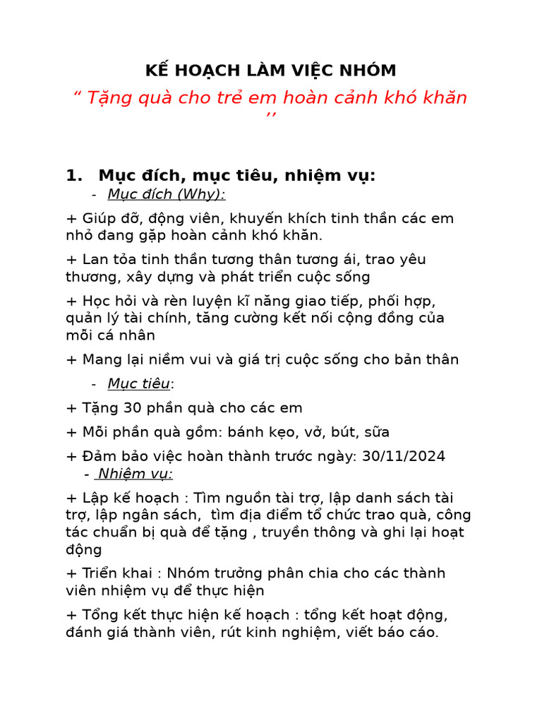 KẾ HOẠCH LÀM VIỆC NHÓM 6 (hc) | PDF