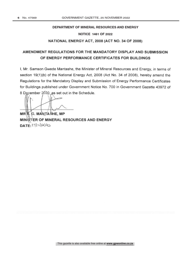 Amendment Regulations for the Mandatory Display and Submission of Energy Performance ...