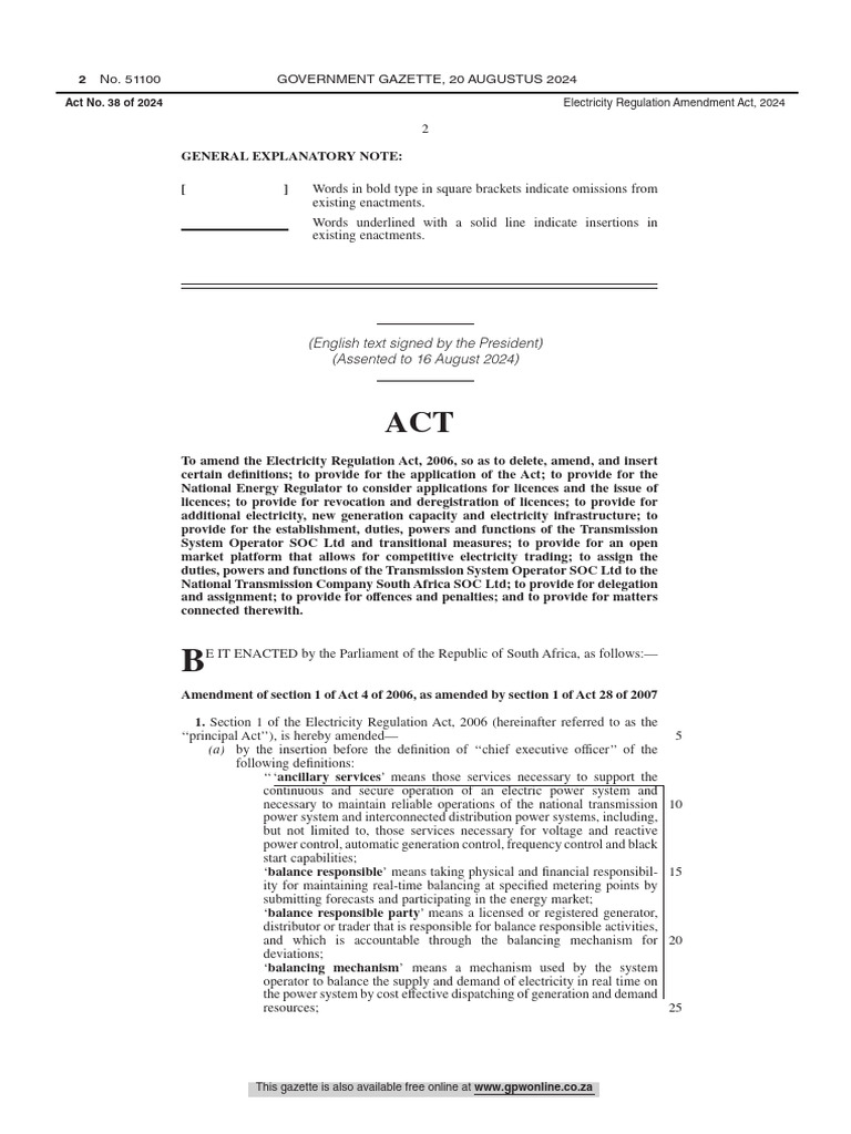 Electricity Regulation Amendment Act, No. 38 of 2024 | PDF | Electric ...
