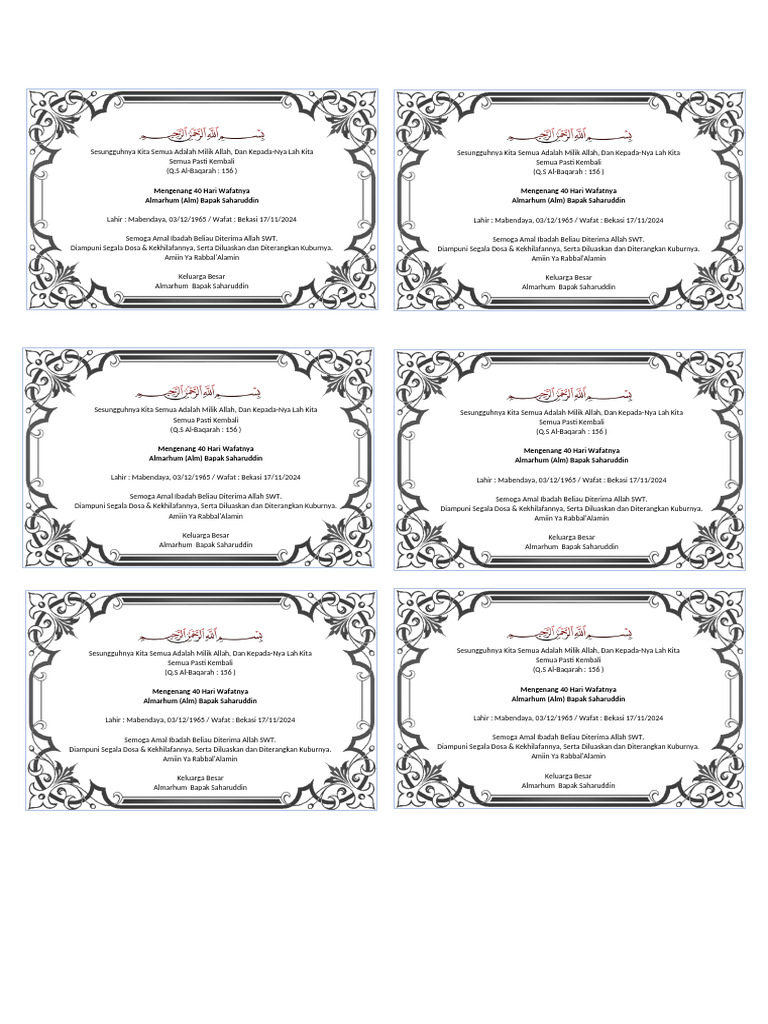 Ucapan 40 Hari Wafat Bapak Saharuddin | PDF