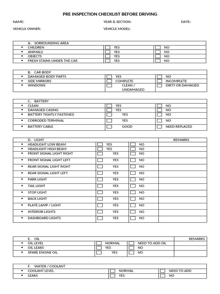Pre Inspection Checklist Before Driving | PDF | Brake | Headlamp