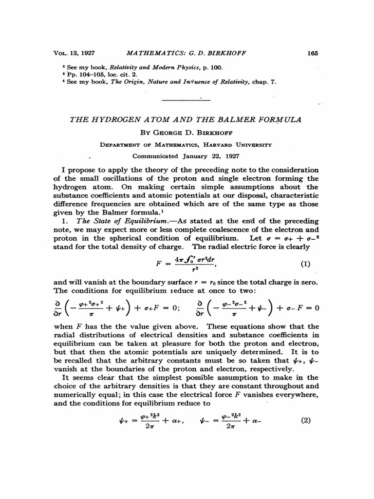 Berkhoff G. D. The Hydrogen Atom and The Balmer Formula | PDF ...