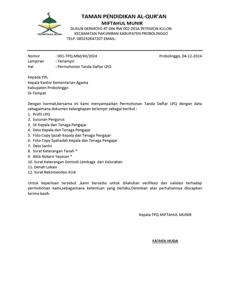 PERMOHONAN TANDA DAFTAR LPQ | PDF