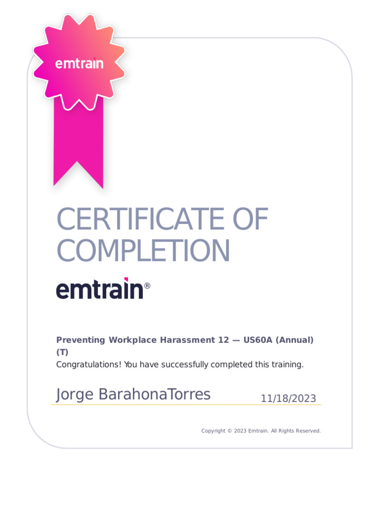 Preventing Workplace Harassment 12 US60A Annual T Completion ...