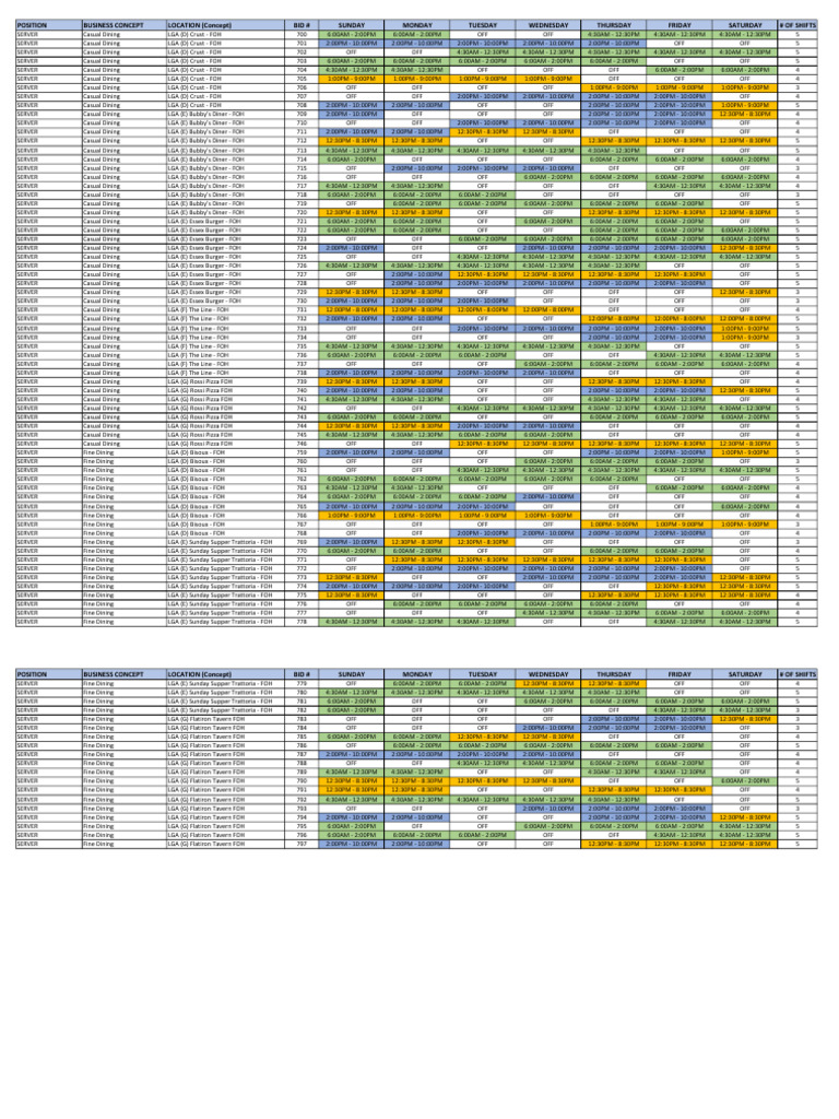 LGA Casual Dining Server Schedule | PDF | Restaurants | Gastronomy