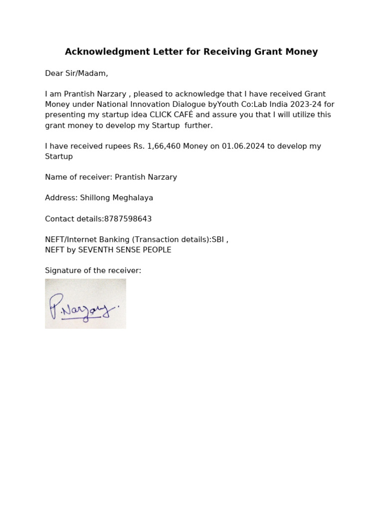 Acknowledgment Letter For Receiving Grant Money - Runnerup | PDF