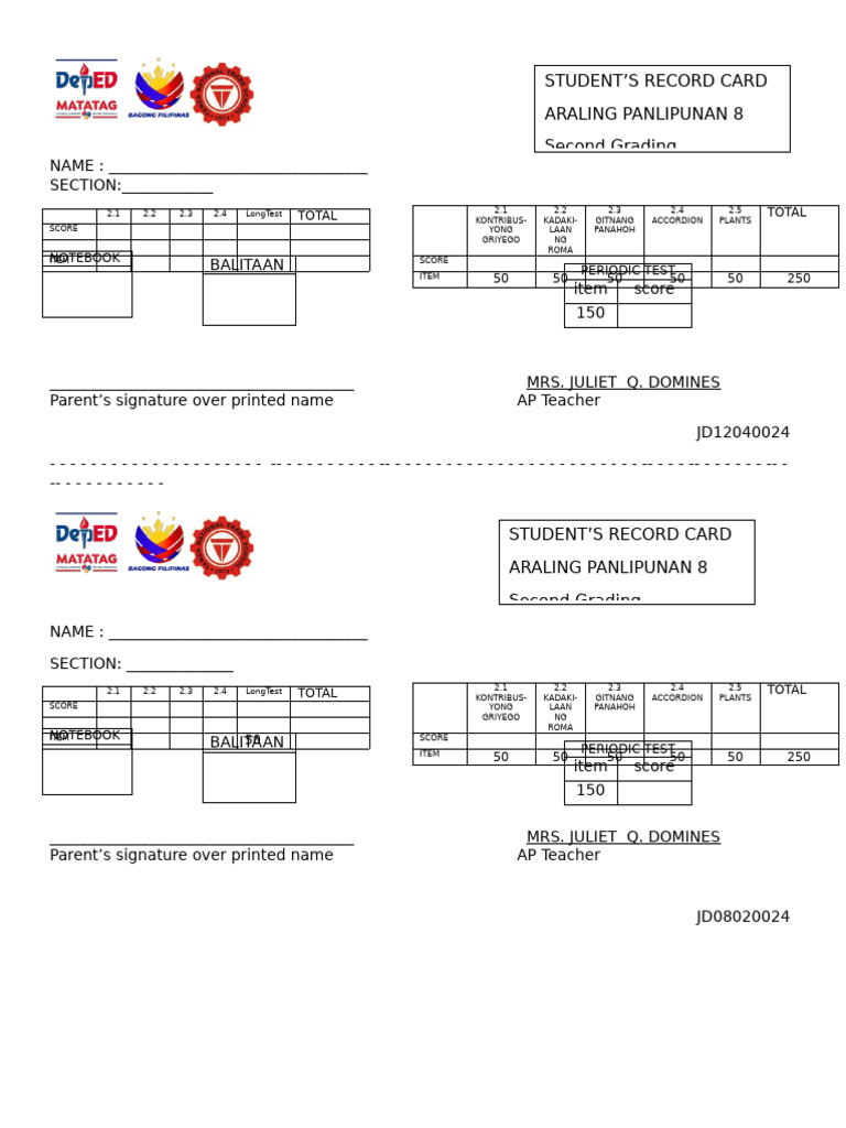 Q2 - Students Record Card | PDF