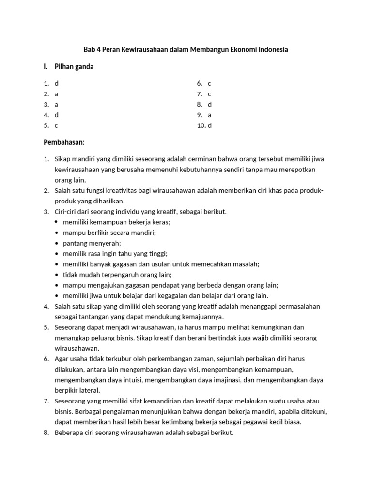 Bab 4 Peran Kewirausahaan Dalam Membangun Ekonomi Indonesia | PDF