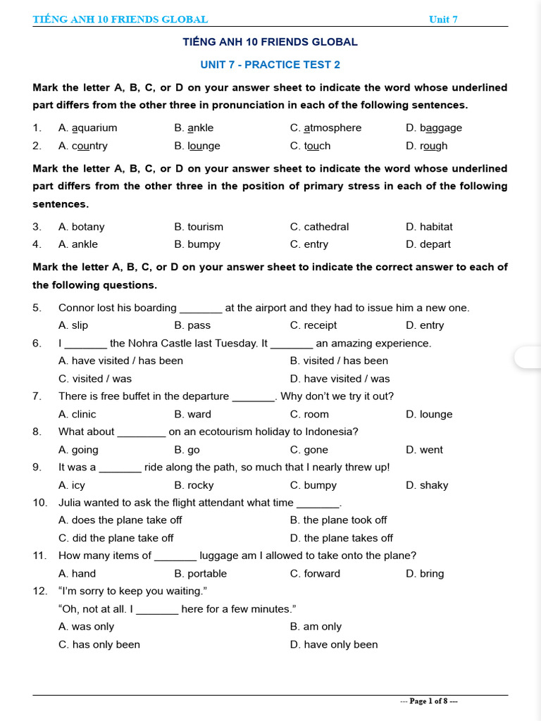 Tieng Anh 10 Friends Global - Unit 7 - Test 2.docx - Google Tài Liệu | PDF