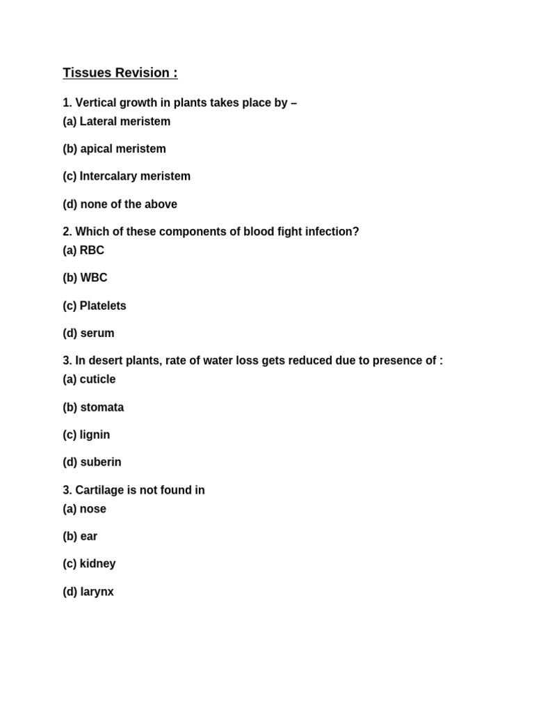 Tissues Revision Worksheet Grade 9 | PDF | Tissue (Biology) | Epithelium