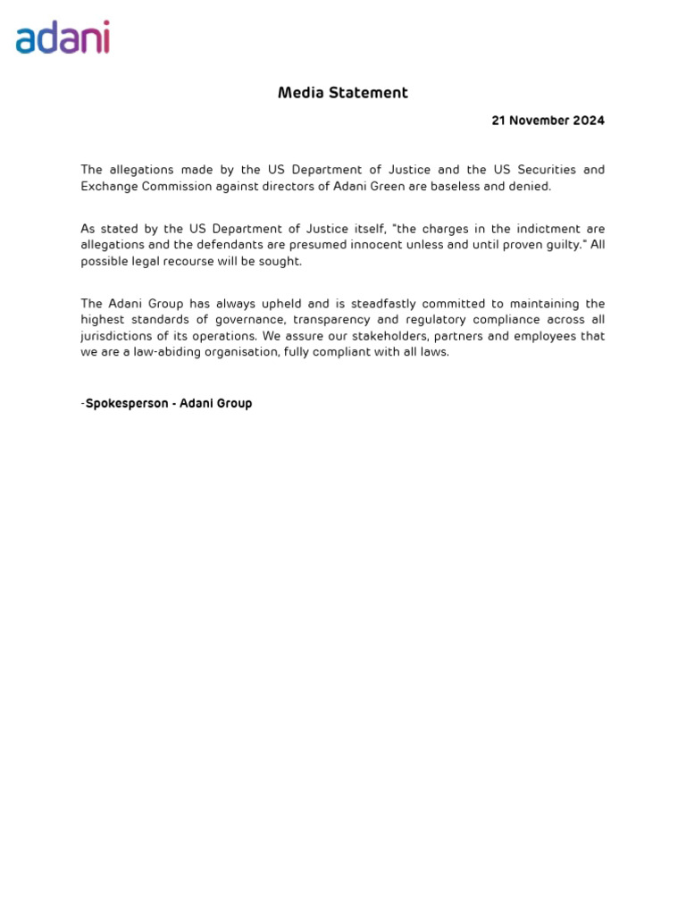 Adani Group Denies DOJ Allegations | PDF