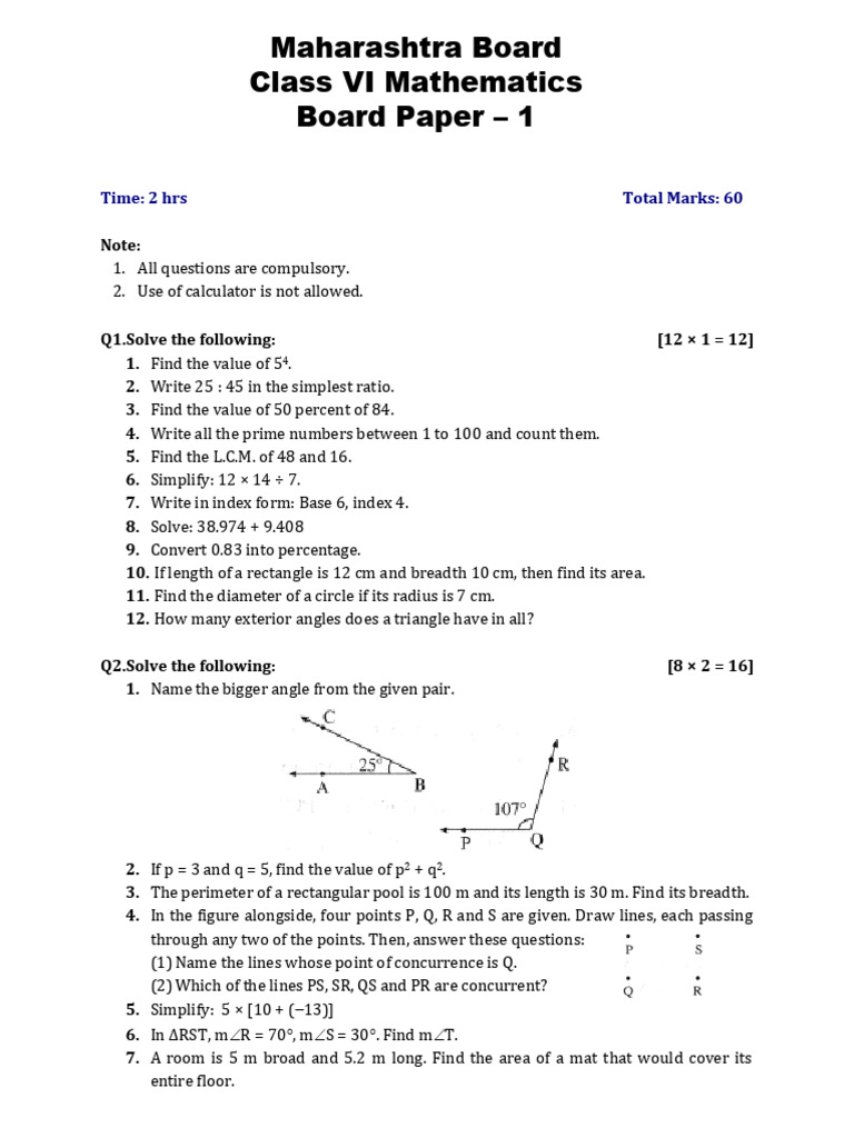 MSB Maths Baord Paper Class 6 1 | PDF | Length | Area