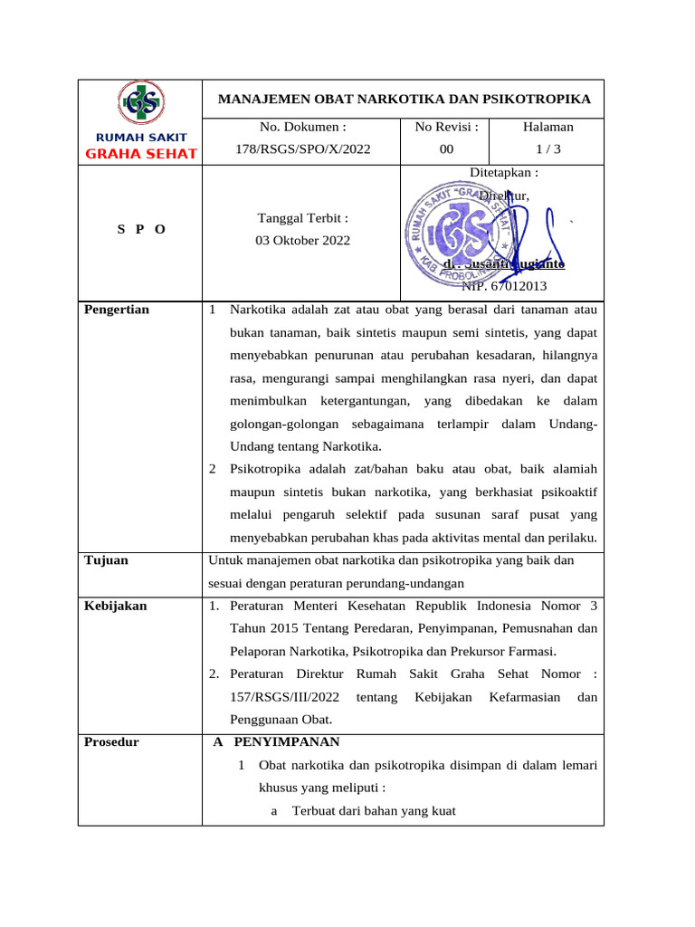 022. SPO Manajemen Obat Narkotika dan Psikotropika | PDF