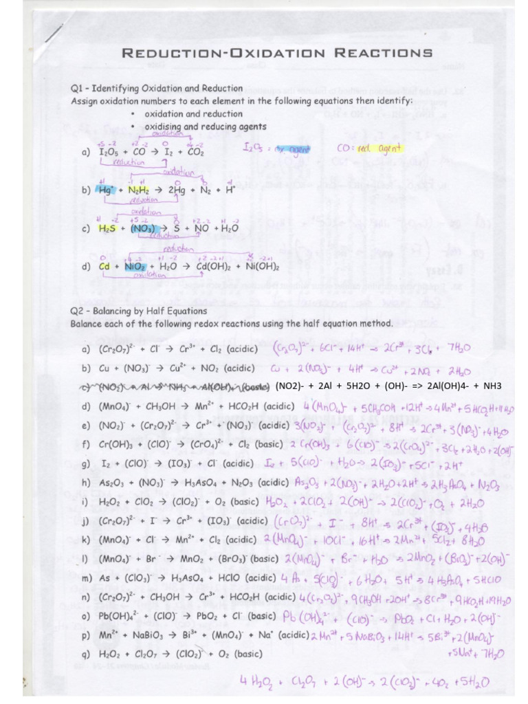 Reduction-Oxidation Reactions ANSWERS | PDF