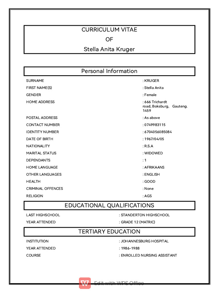 Stella Anita Kruger CV | PDF | Medicine | Social Programs