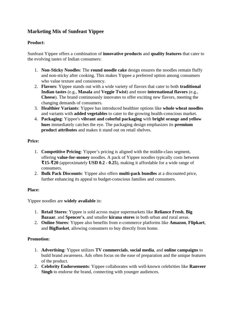 Marketing Mix of Sunfeast Yippee | PDF