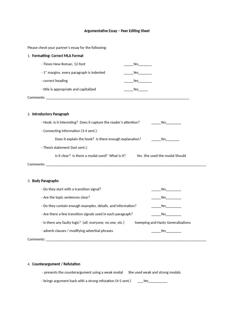 Peer Editing Sheet - Argumentative Essay | PDF | Essays | Paragraph