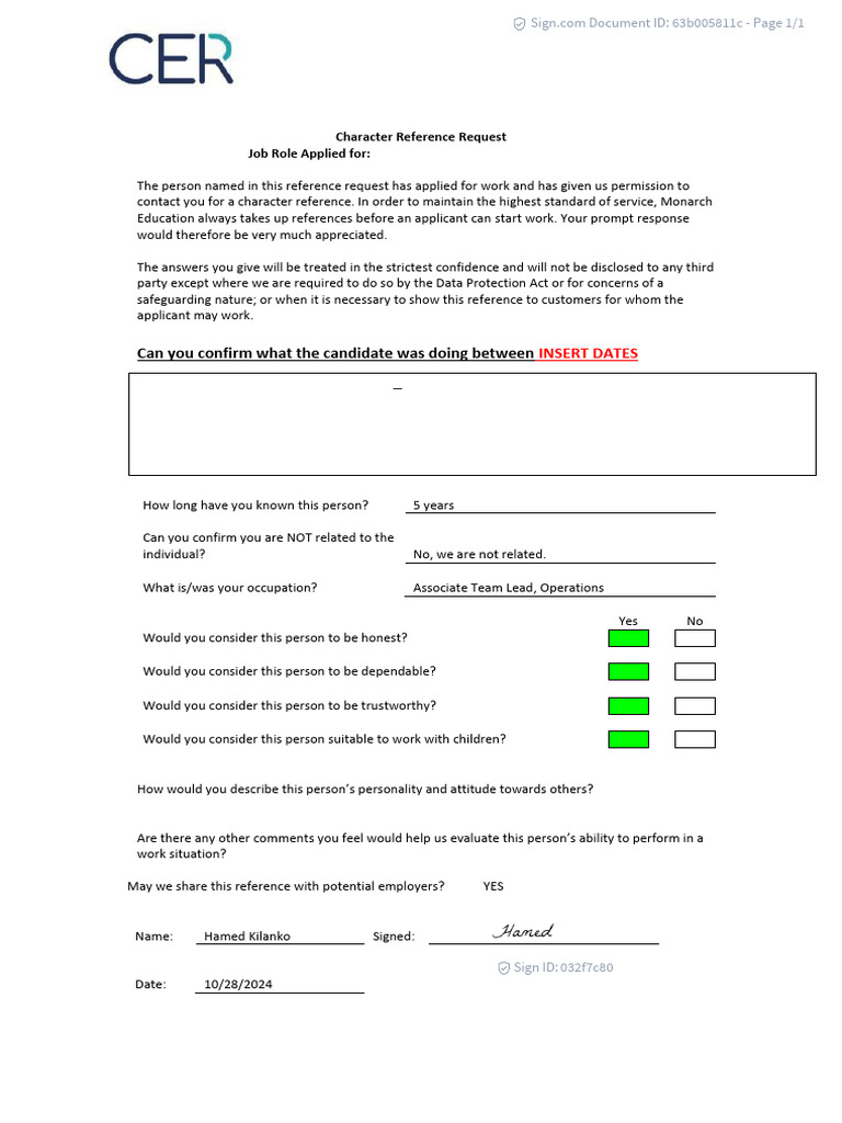 Character Reference Request | PDF