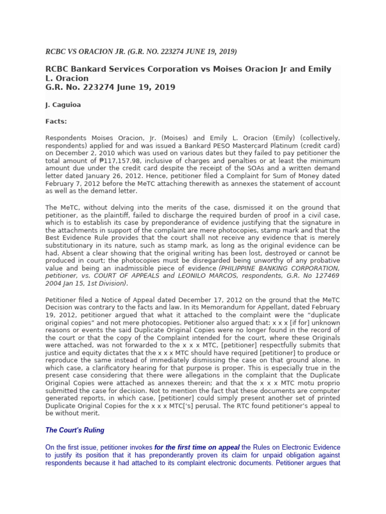 RCBC VS Oracion JR - Remedial | PDF | Affidavit | Complaint