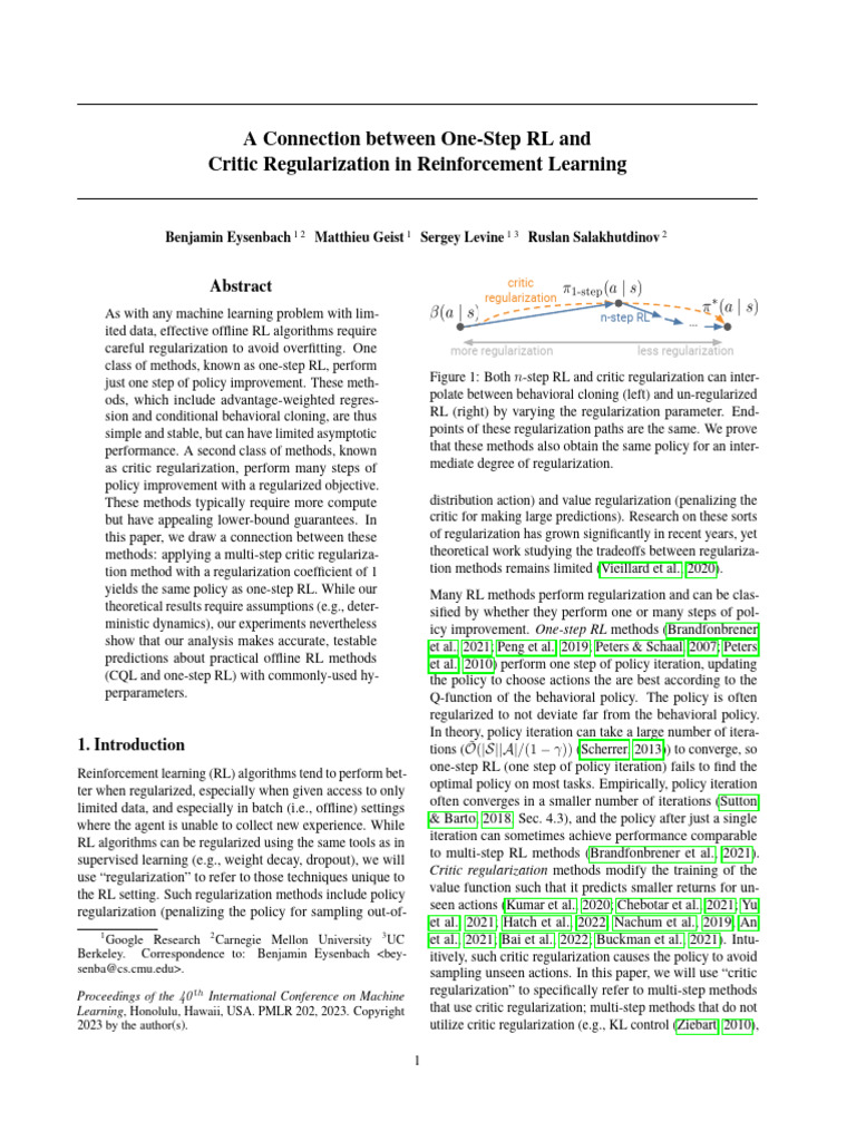 AConnection Between One-Step RL and Critic Regularization in Reinforcement Learning | PDF ...