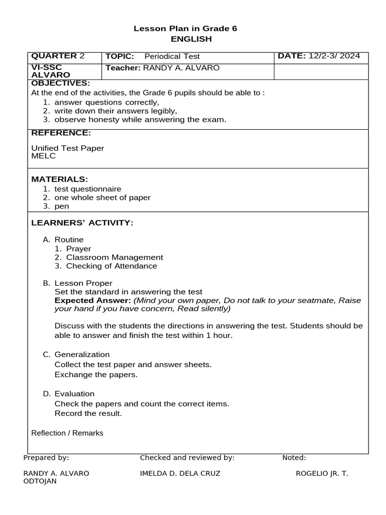 Lesson Plan in Grade 6 Periodical Test | PDF | Lesson Plan | Teachers