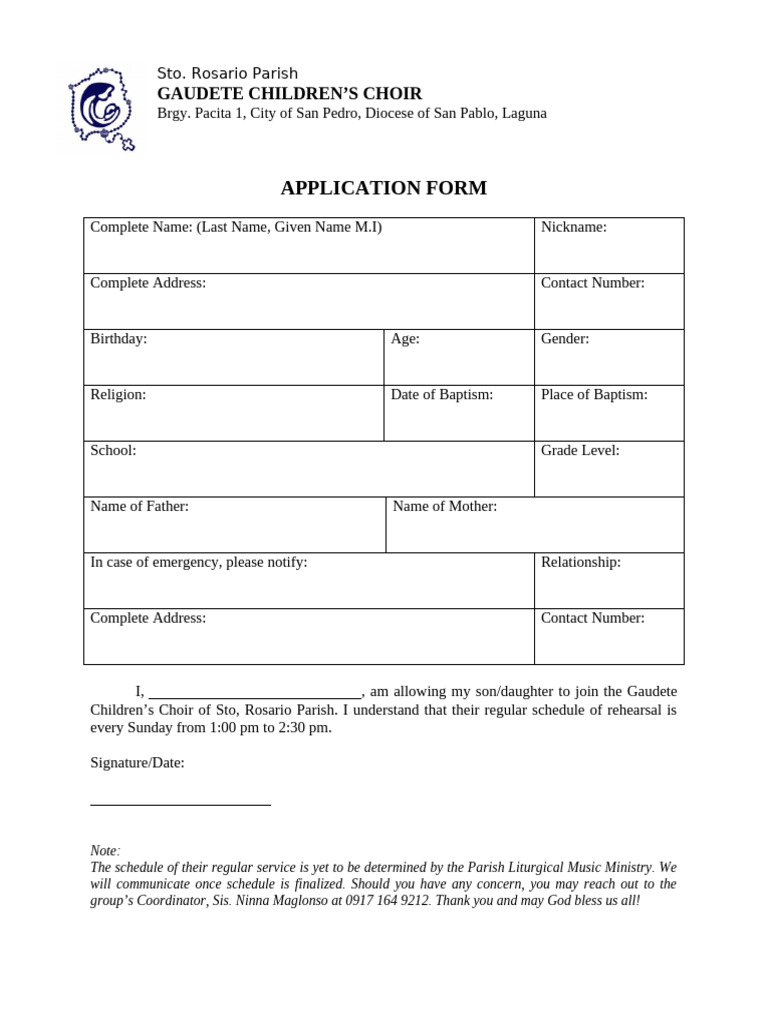 Gaudete Choir Application Form | PDF