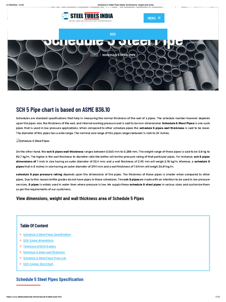 Schedule 5 Steel Pipe Sizes - Dimensions - Weight and Price | PDF ...