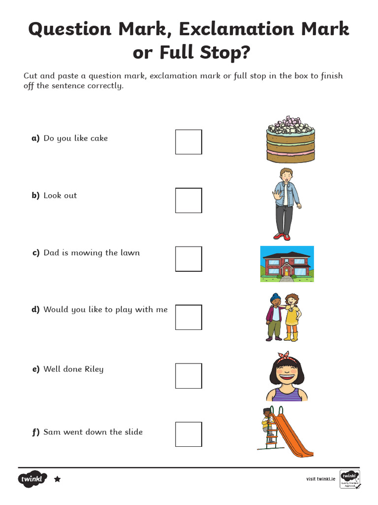 Question Mark, Full Stop or Exclamation Mark Differentiated Worksheet | PDF