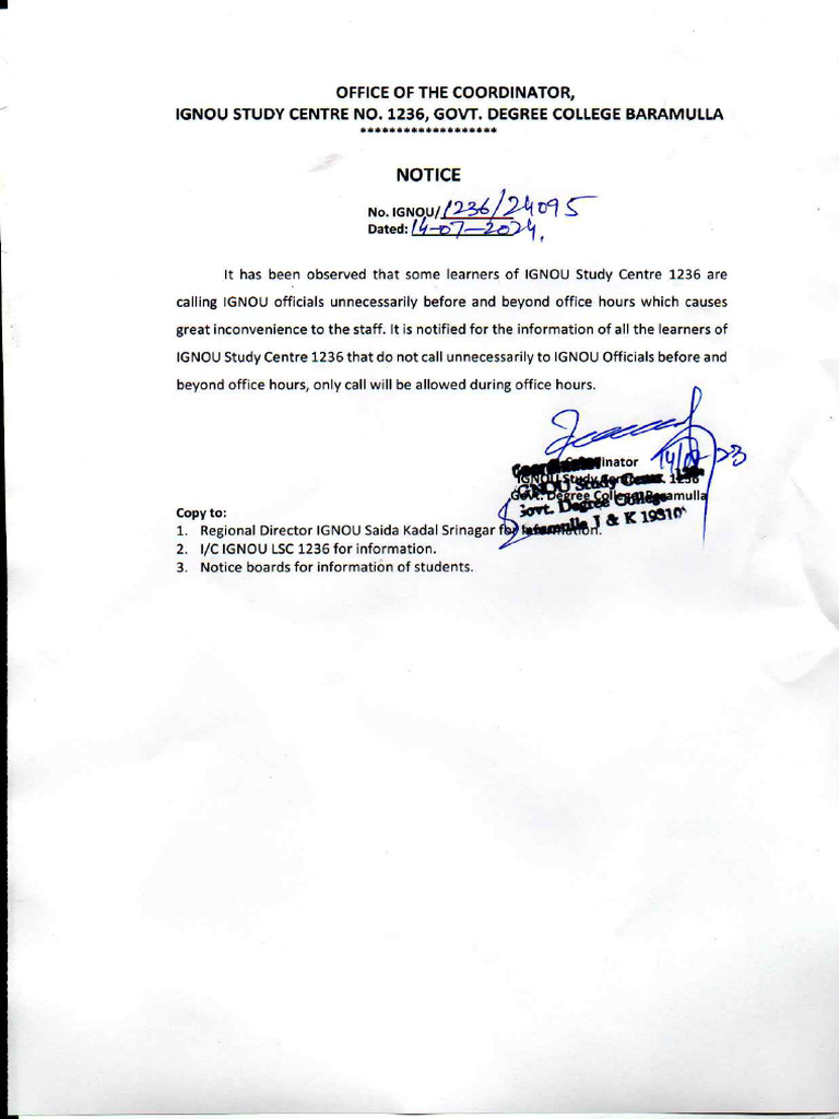 Notice For IGNOU Learners For Calling To Officials | PDF