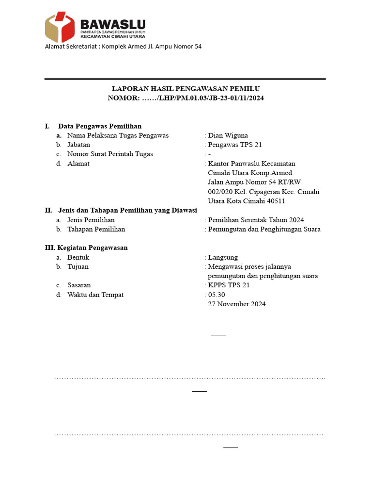 FORM A PTPS Pengawasan Pemungutan Dan Penghitungan Suara 27 Nov 2024 - Cimut - TPS 21 - Cibabat ...