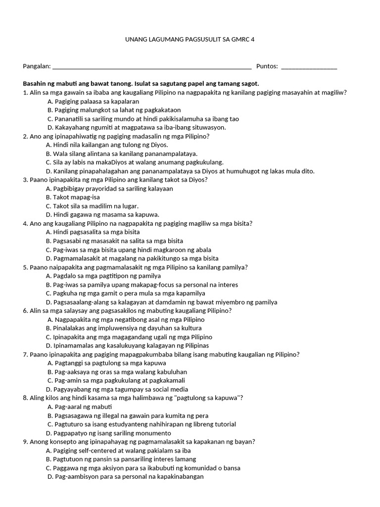 Unang Lagumang Pagsusulit Sa GMRC 4 | PDF