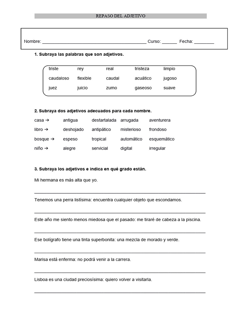 Ficha Repaso Del Adjetivo | PDF