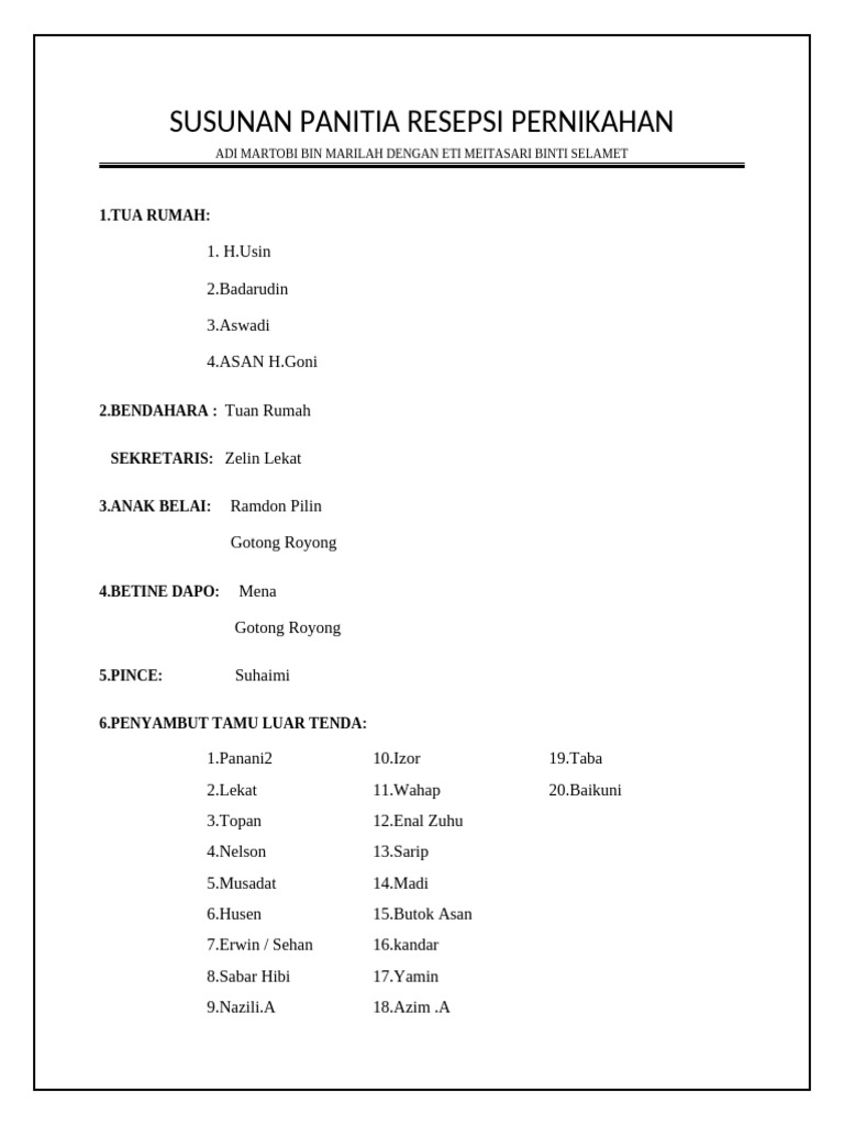 Susunan Panitia Resepsi Pernikahan | PDF