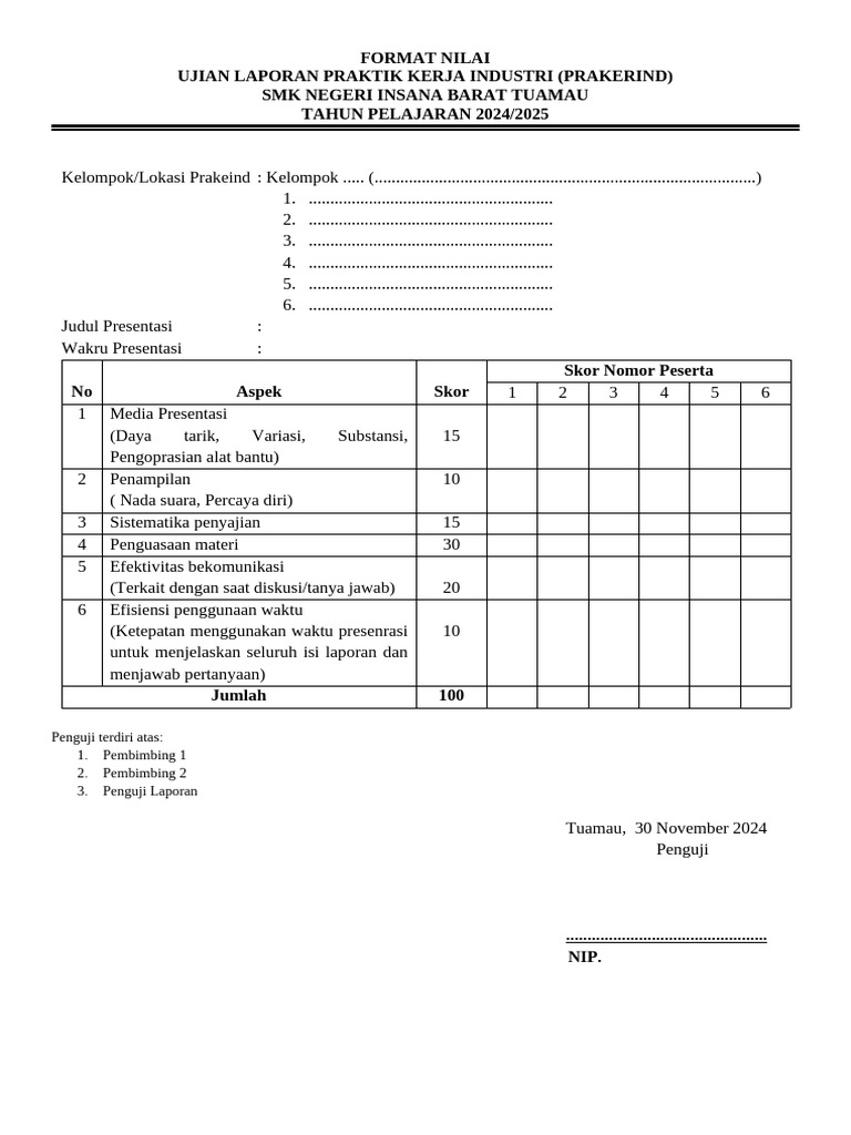 FORMAT NILAI UJIAN PRAKERIN 2024 | PDF
