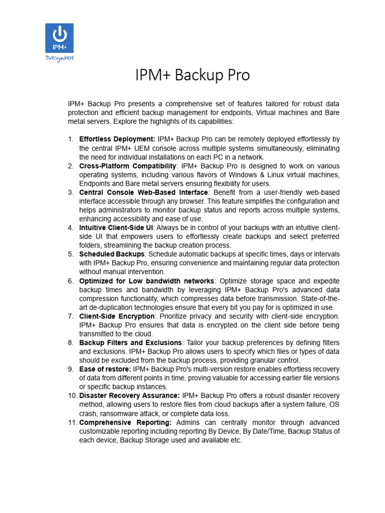 IPM+ Backup Pro Features | PDF | Backup | Cloud Computing