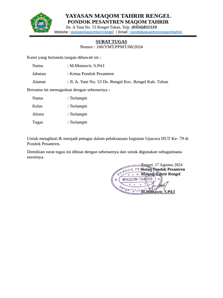 SURAT TUGAS PONDOK PESANTREN MAQOM TAHRIR | PDF
