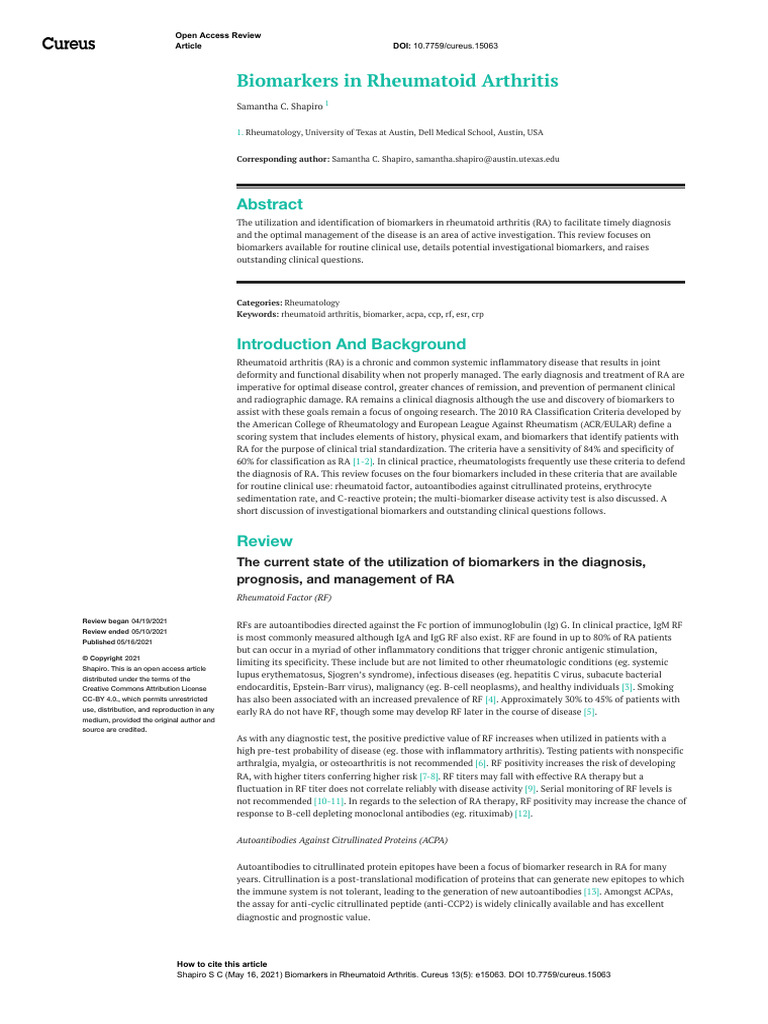Biomarkers in Rheumatoid Arthritis | PDF | C Reactive Protein | Medical ...