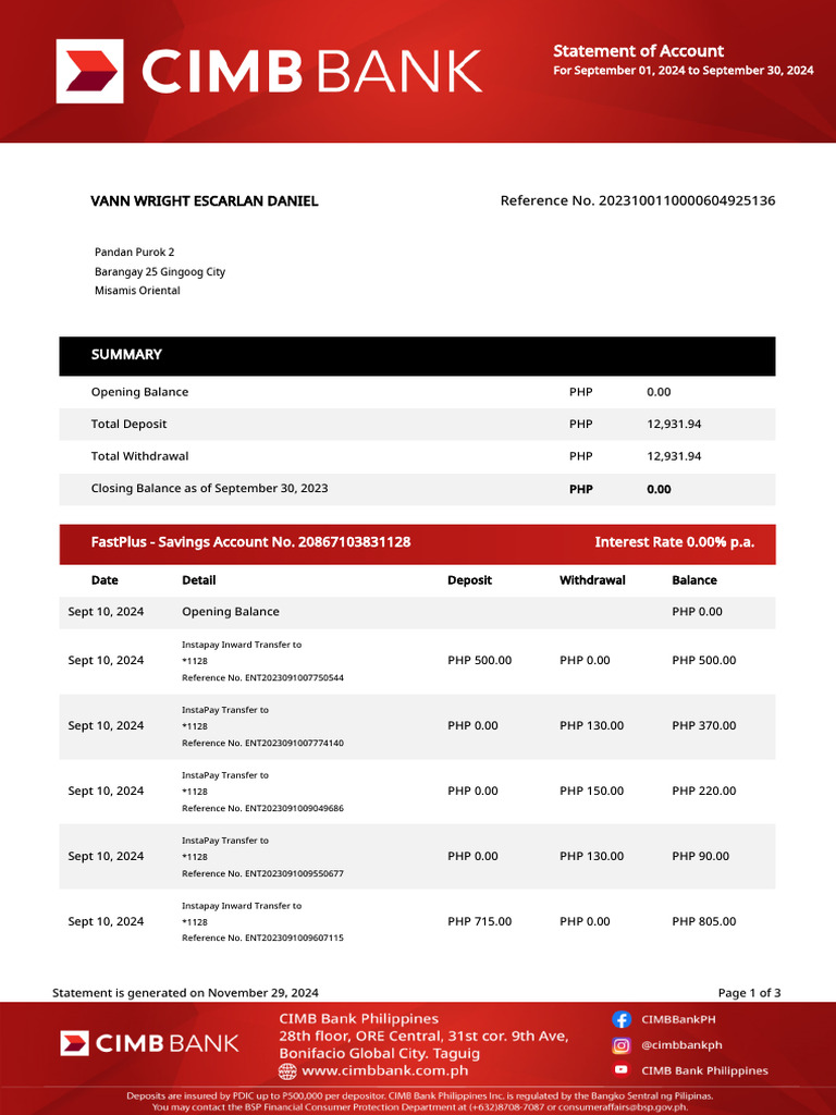 CIMBStatement1128_09012024_09302024 | PDF | Financial Services | Banking