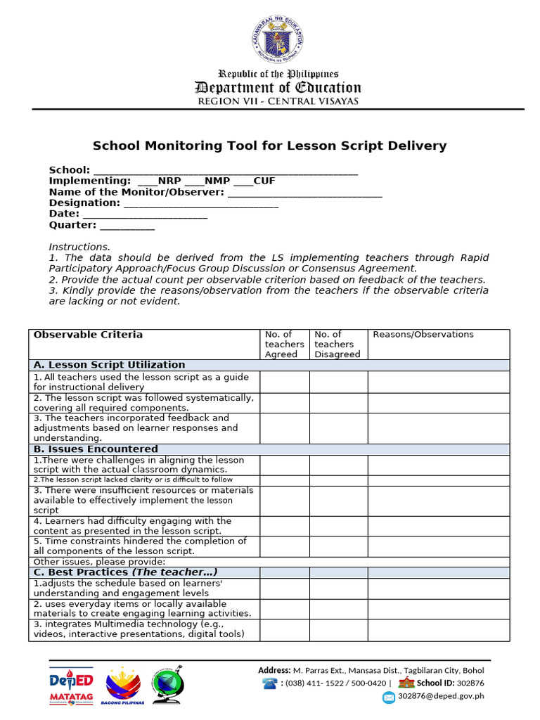 School Monitoring Tool For Lesson Script Delivery | PDF | Teachers ...