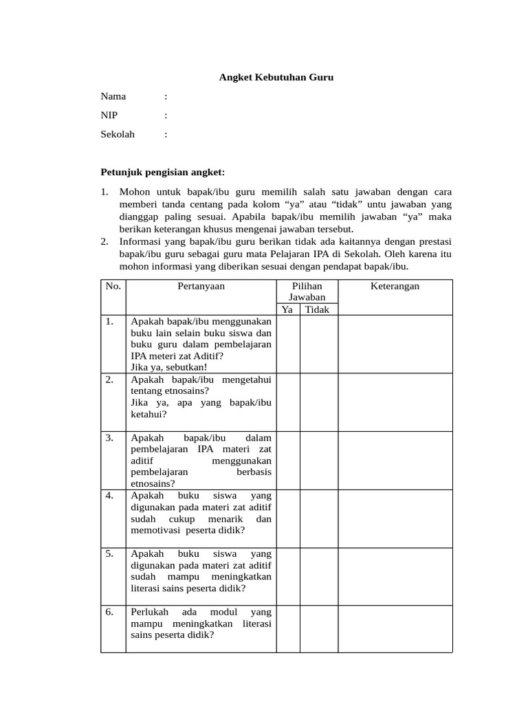 Angket Analisis Kebutuhan Guru | PDF