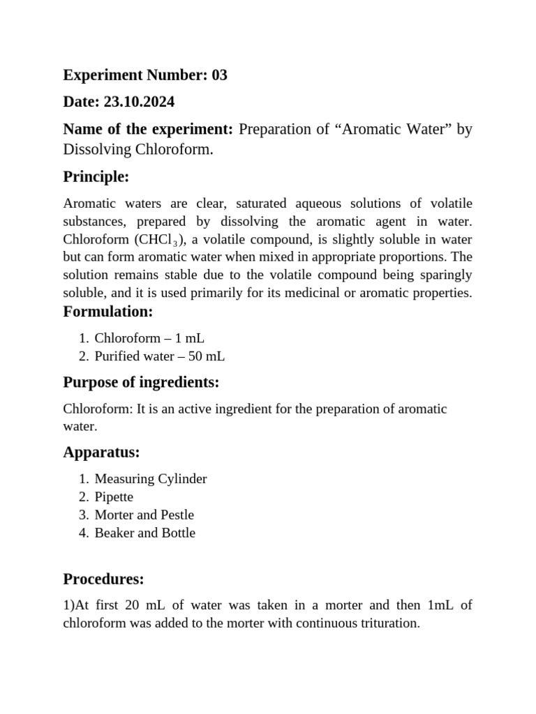 Preparation of Aromatic Water with Chloroform | PDF