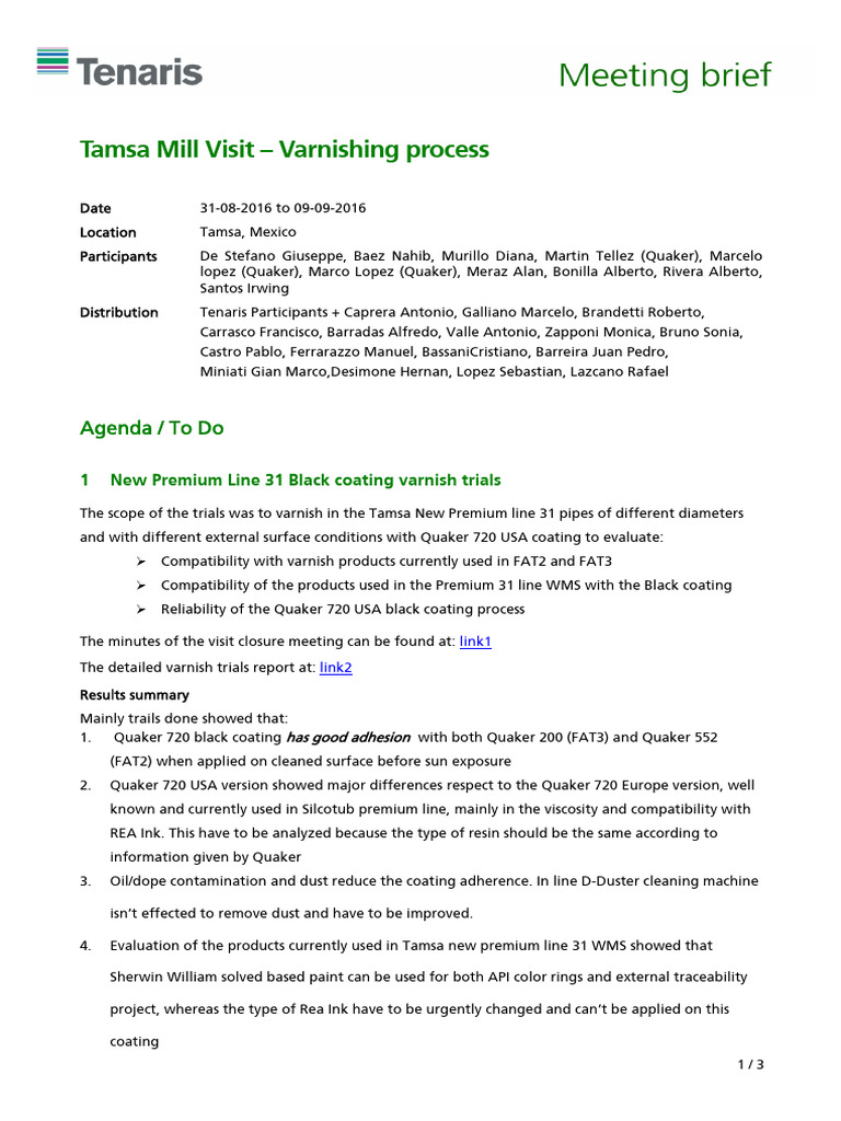 Tamsa Visit - Varnishing Process - 09-09-2016 | PDF | Coating | Materials