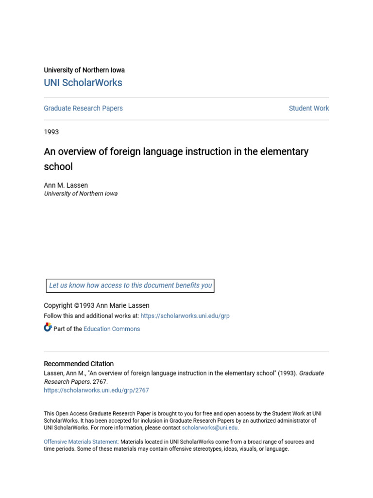 An Overview of Foreign Language Instruction in The Elementary SCH | PDF ...